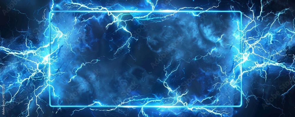 Blue lightning bolts are surrounding a bright glowing rectangular frame ...