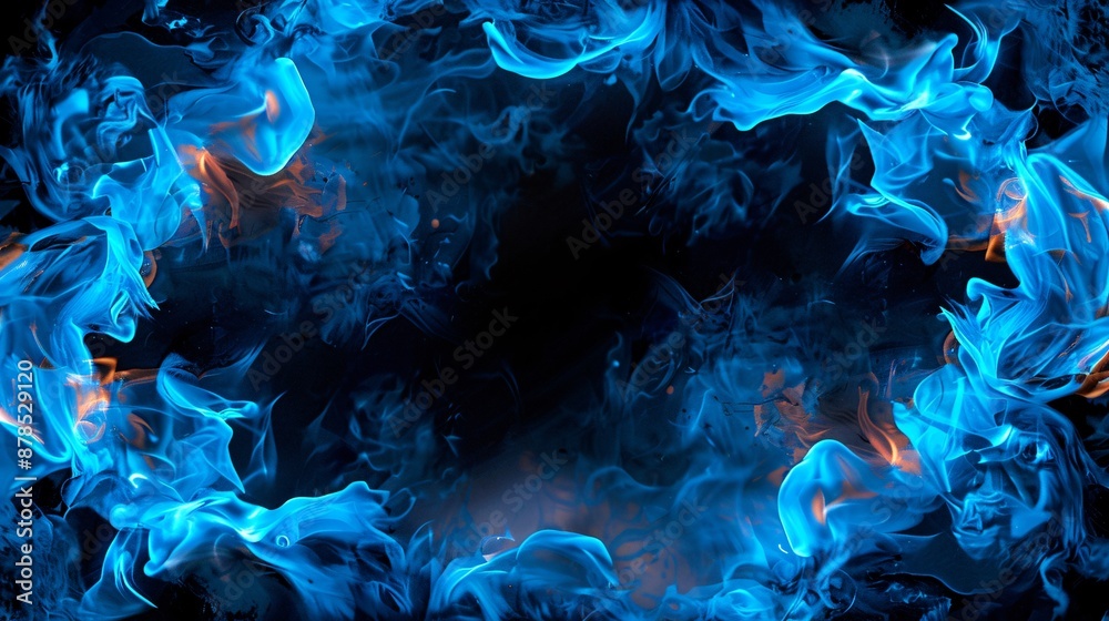 Hexagon shaped 3D black abstract background with a dramatic blue fire ...
