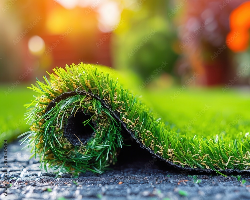 The rolled synthetic grass section in close-up, texture details ...