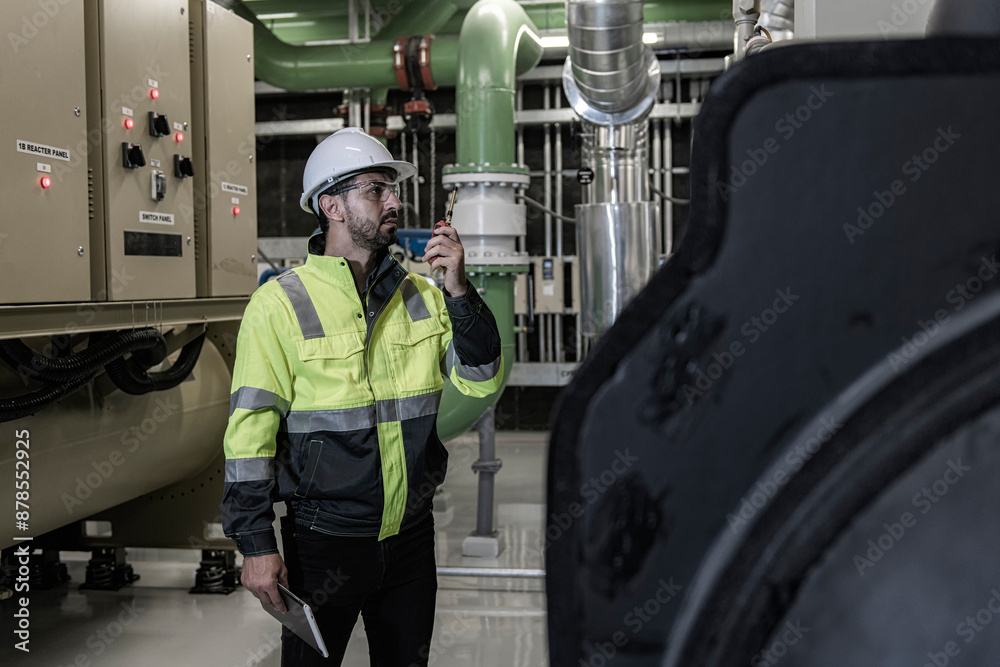 workers in factory. engineer work in Industrial chiller HVAC heating ...