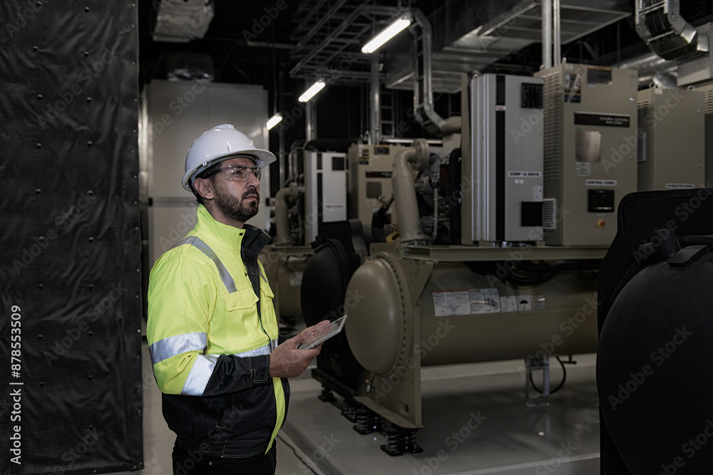workers in factory. engineer work in Industrial chiller HVAC heating ...