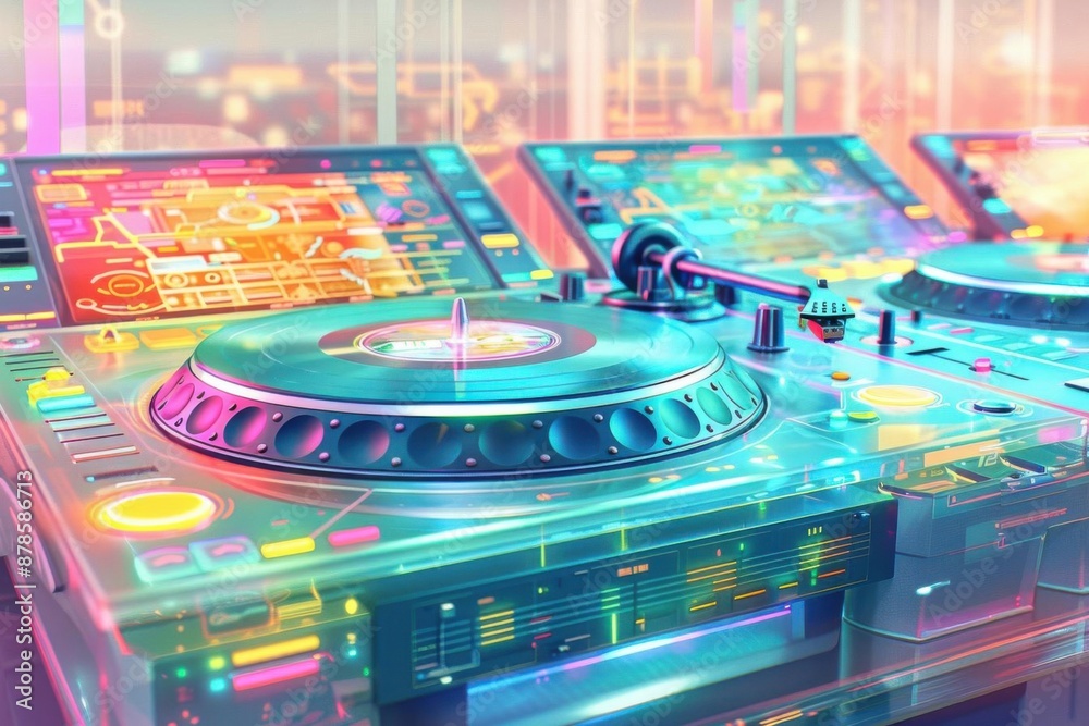 Digital DJ booth with a holographic turntable and AIgenerated visuals, futuristic club scene ...