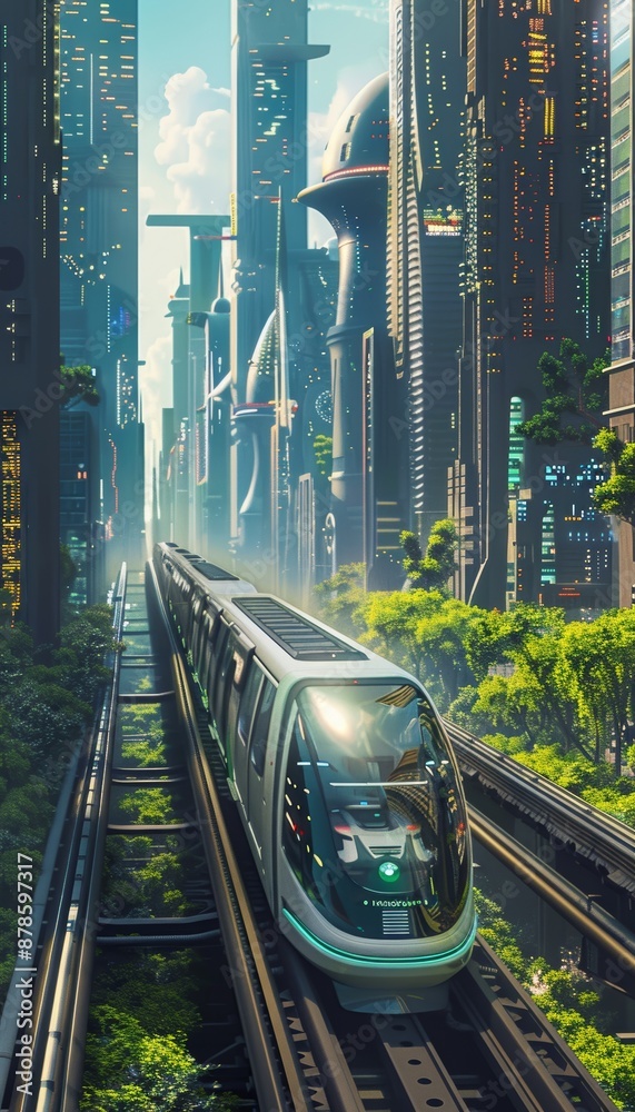 Eco-Friendly Futuristic Train in Modern City with Green Rooftops and ...