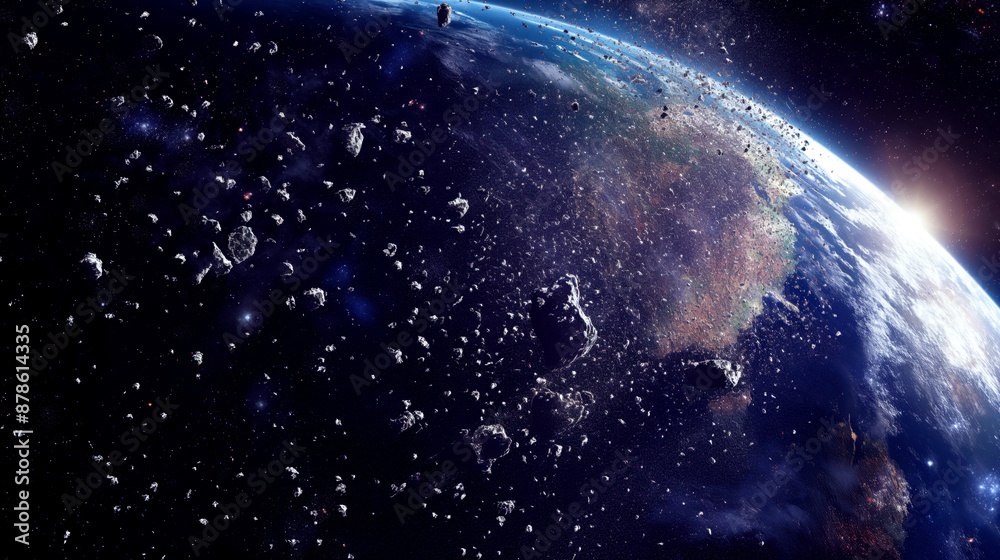 Dramatic image of Earth from space with dense asteroid field in orbit ...