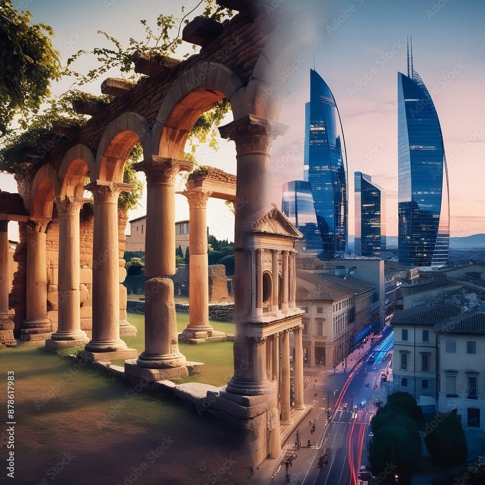 Blended image showing ancient Etruscan ruins with crumbling stone ...