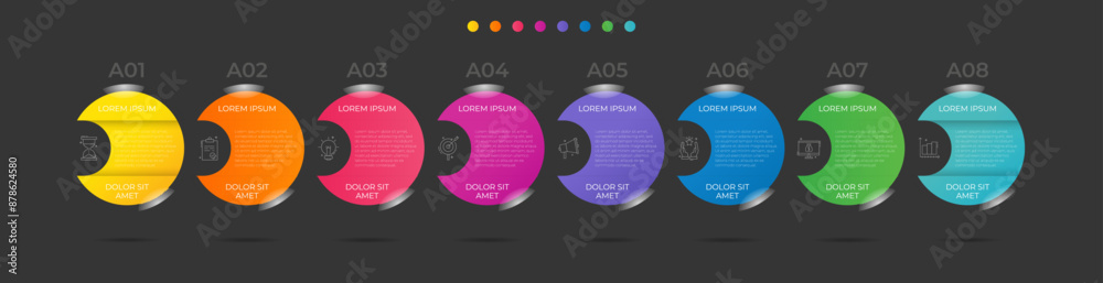 Vector infographic with colorful circles and icons on the black ...