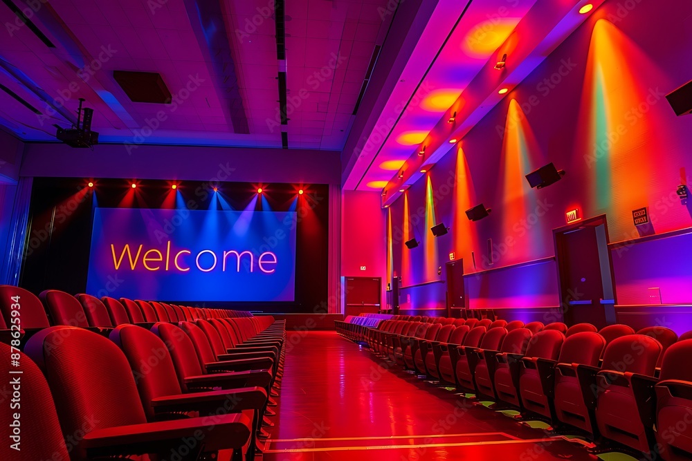 An auditorium ready for a welcome assembly with colorful lighting, a ...