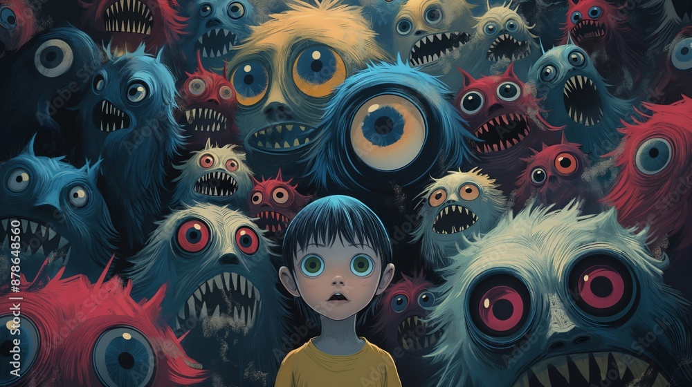 Nightmare Concept. Child Surrounded by Colorful Scary Monsters in a ...