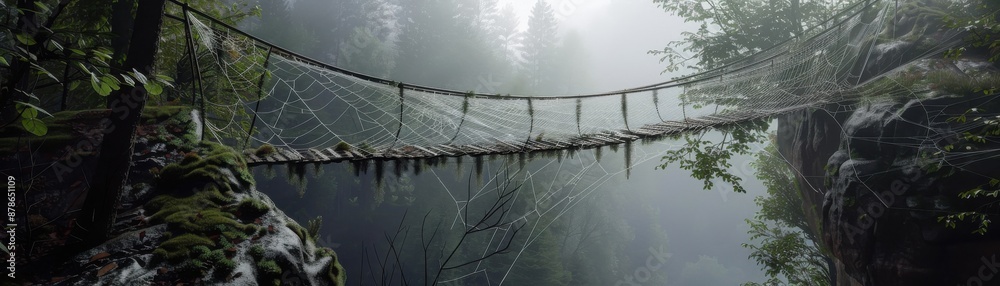 Lifelike spider silk suspension bridge over a gorge, realistic ...