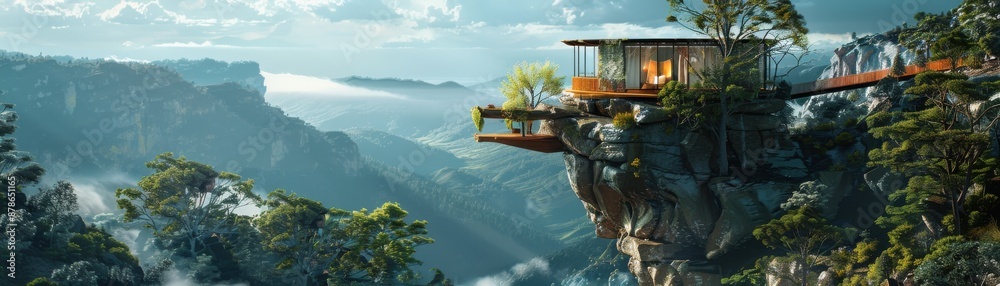 Hyperrealistic treehouse on a steep cliff, mountain top living ...