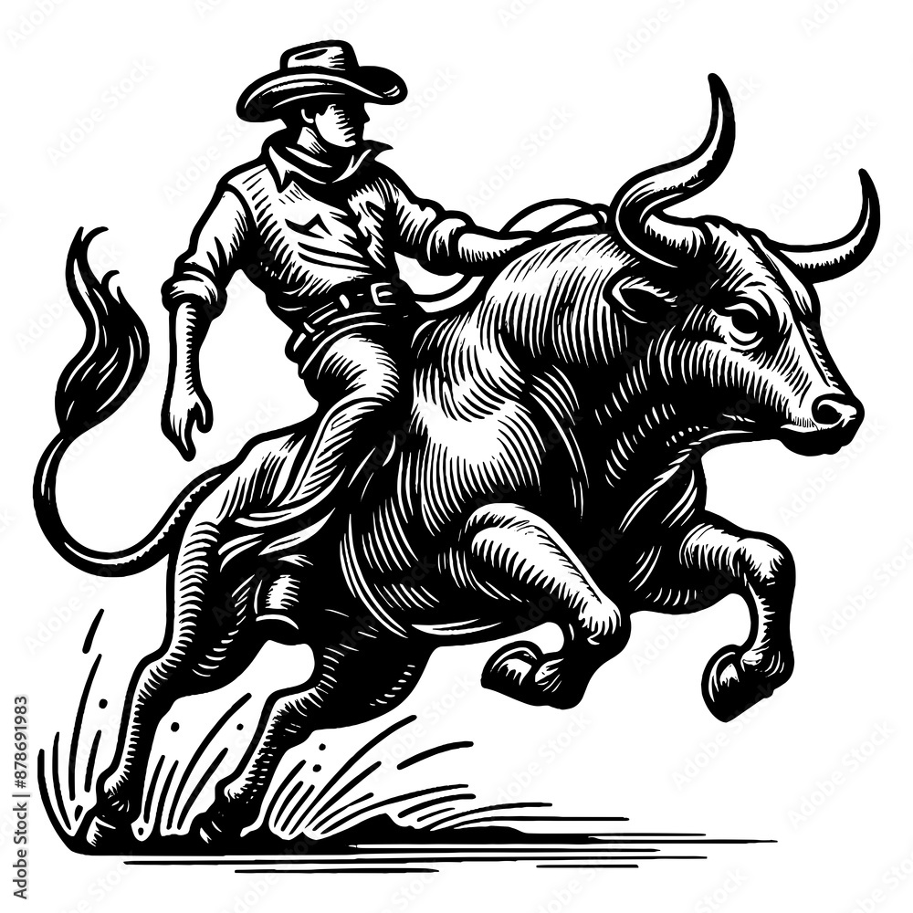 thrilling action of a rodeo cowboy expertly riding a bucking bull ...