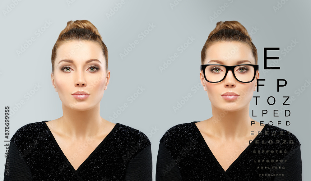 Astigmatism, Hyperopia, and Myopia.Girl wearing black glasses and girl ...