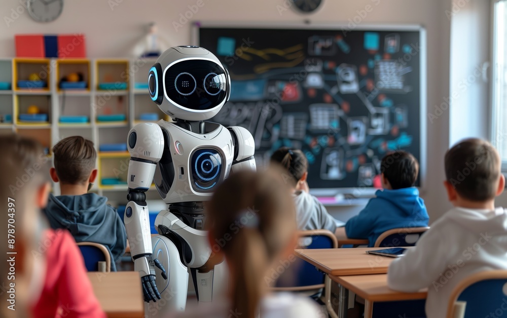 AI robot teacher instructs attentive children in a classroom setting showcasing educational ...