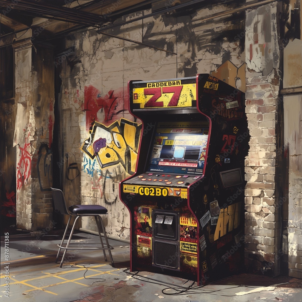 Grungy, graffiti-covered alley with an old-school arcade machine ...