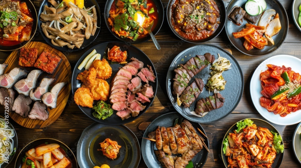 Korean barbecue feast with grilled meats, kimchi, and assorted banchan ...