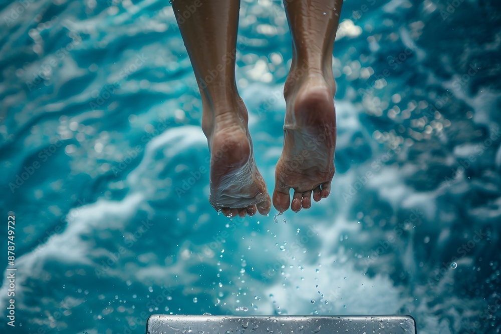 Close-up of a diver’s feet leaving the platform, capturing the height ...