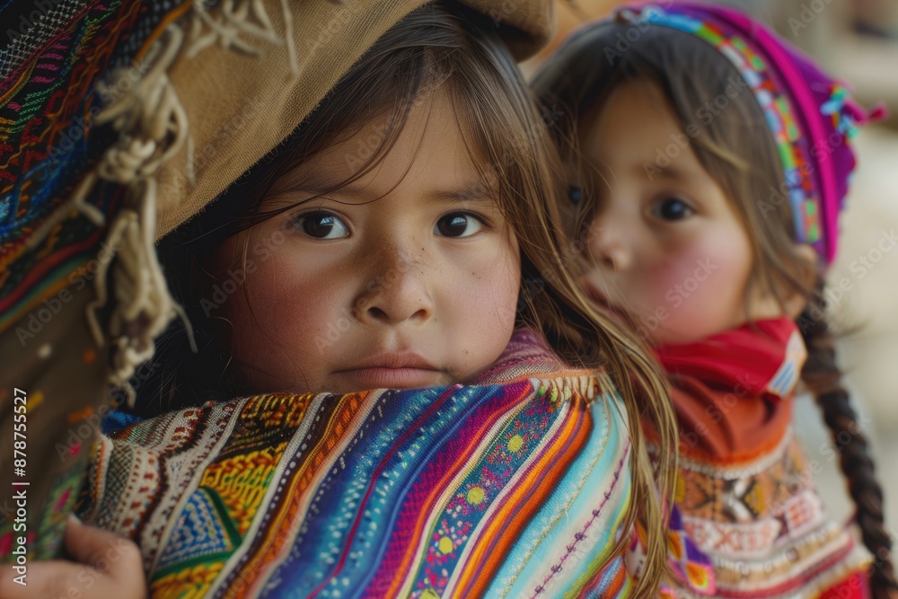 Native american girl with typical aymara cloth holding her little ...