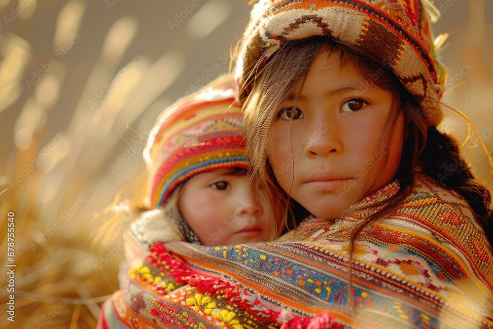 Native american girl with typical aymara cloth holding her little ...