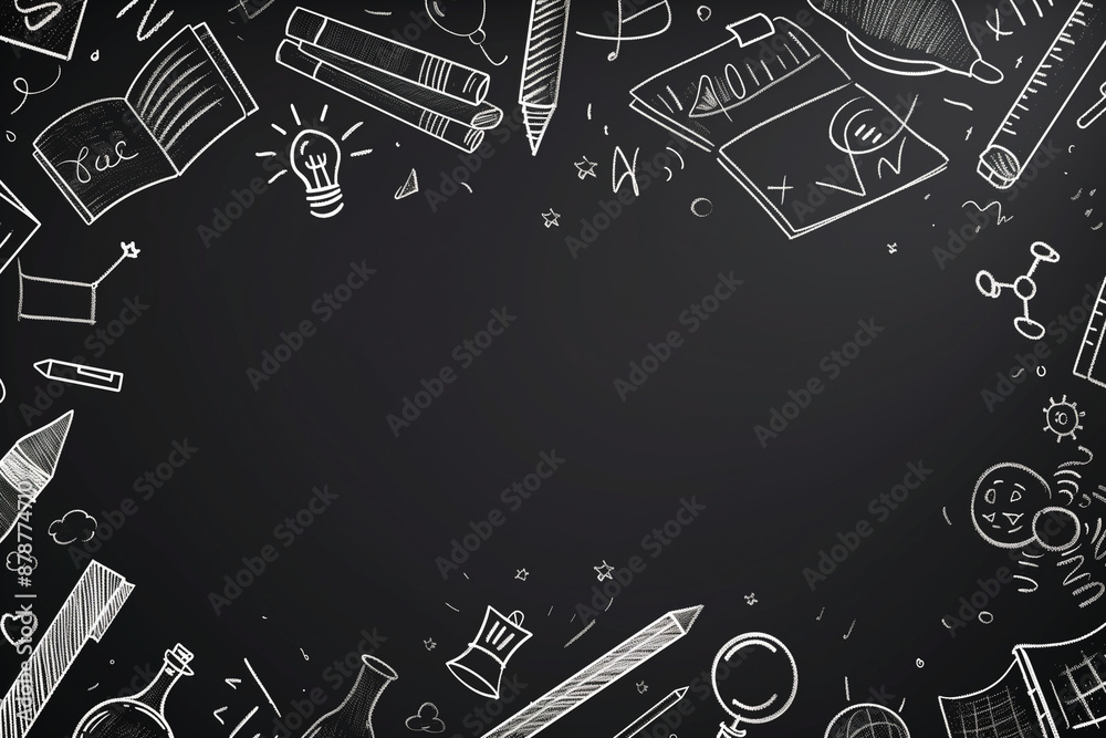 Black background with white doodle school icons and symbols, border ...