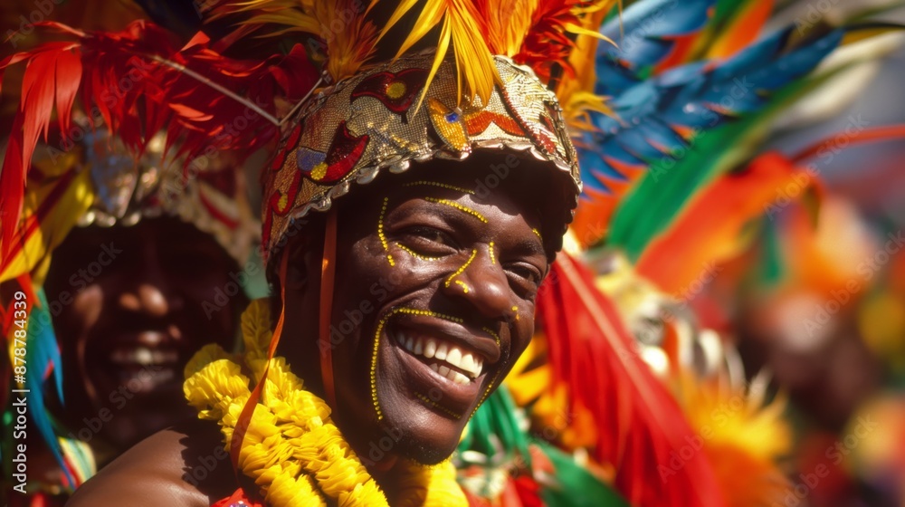 Smiling man in vibrant traditional costume with colorful feathers and ...