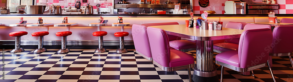Retro diner interior with pink booths, red stools, and a checkered ...