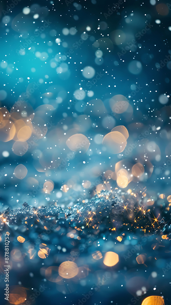 Abstract blue and gold bokeh background with sparkling lights evokes a magical winter wonderland ...