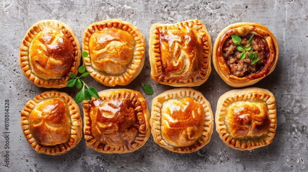 Delicious mini meat pies with unique shapes on a gray background Stock ...