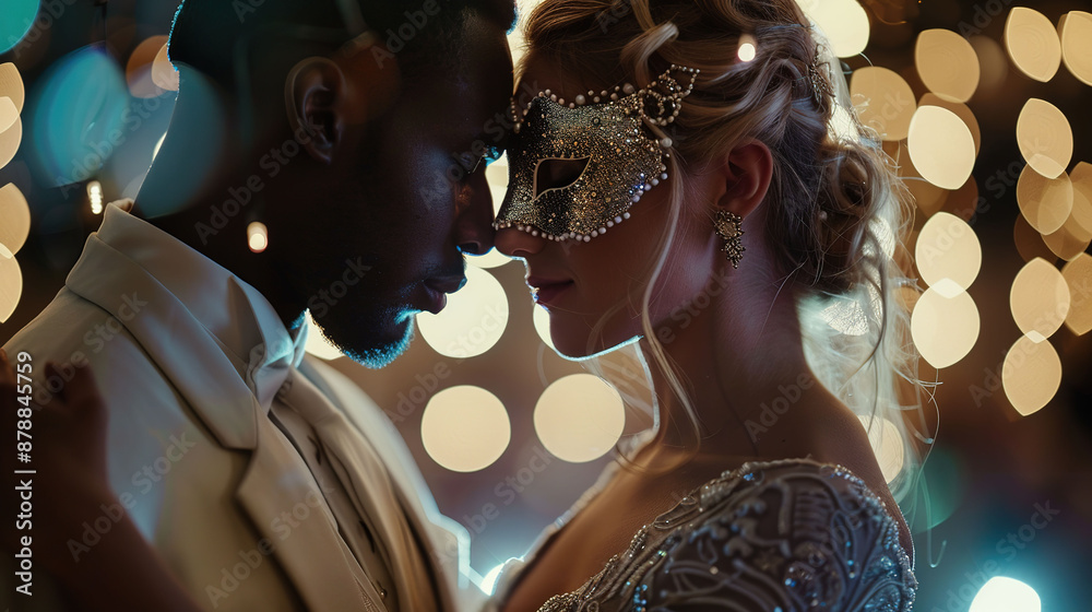 Interracial couple, blonde woman, black man, dancing romantically at a ...