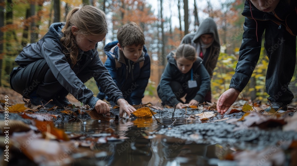 In an outdoor classroom set in a nature reserve, students are engaged ...