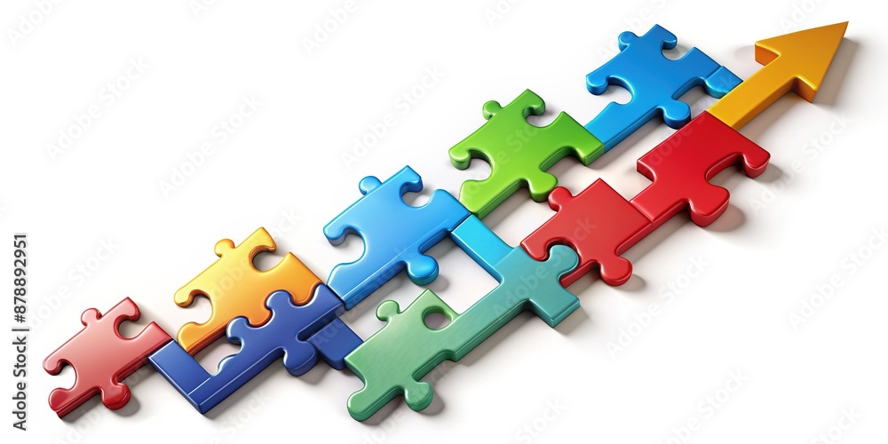 Stylized arrows and puzzle pieces form a collaborative upward spiral ...