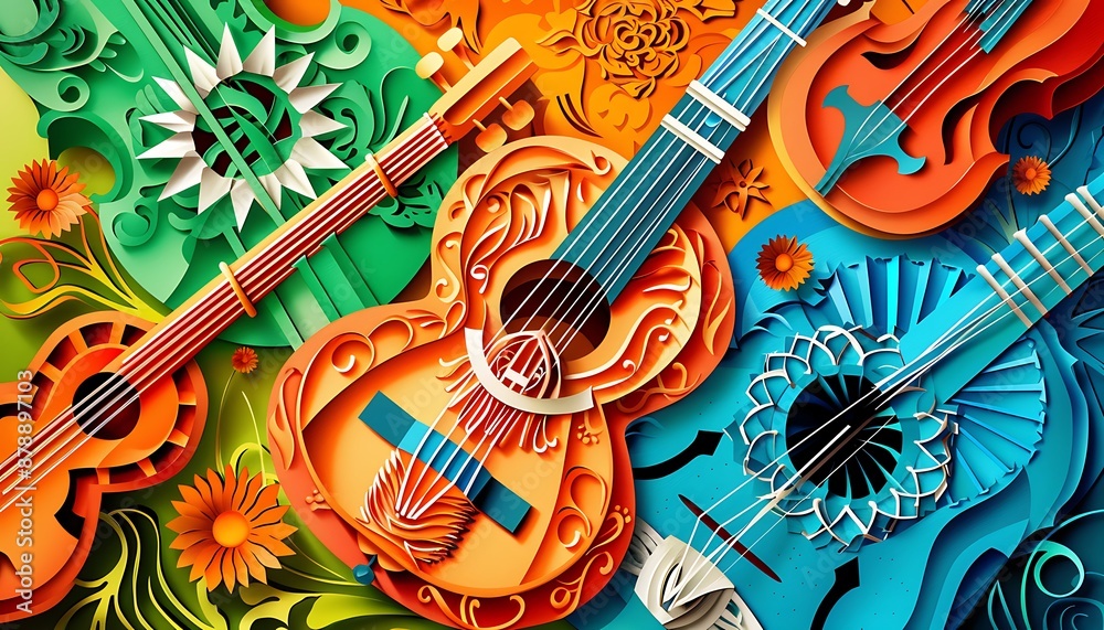 Detailed paper cut illustrations of Indian traditional music ...