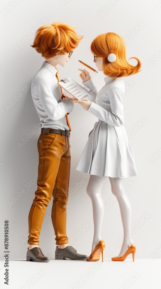 Animated characters collaborating on a project with documents and pens ...