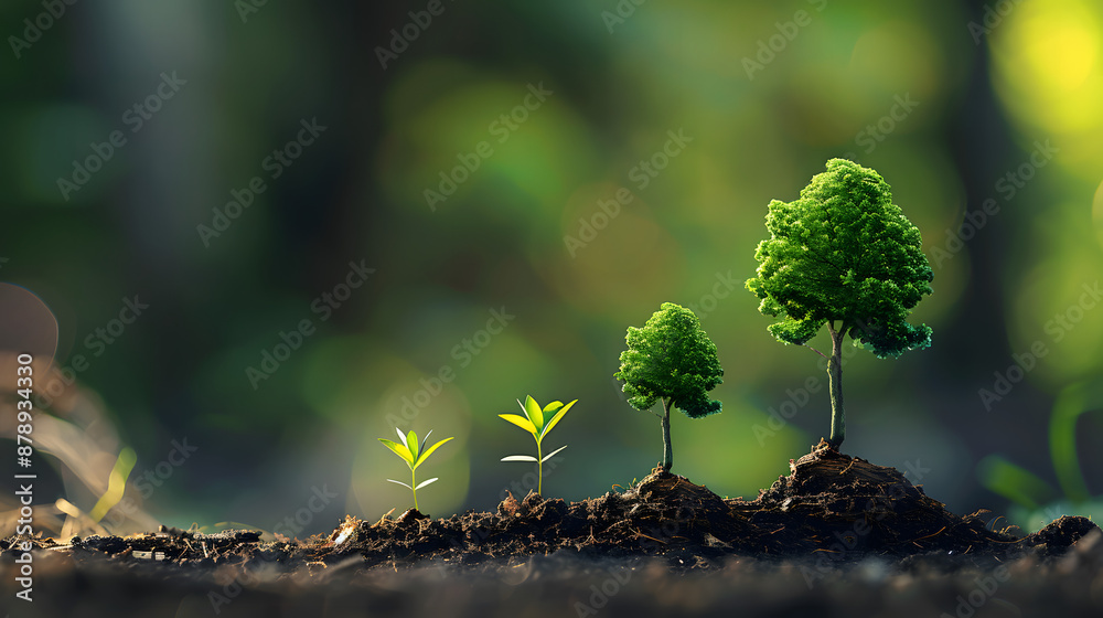 Three stages of tree growth side by side: a sapling, a young tree, and ...
