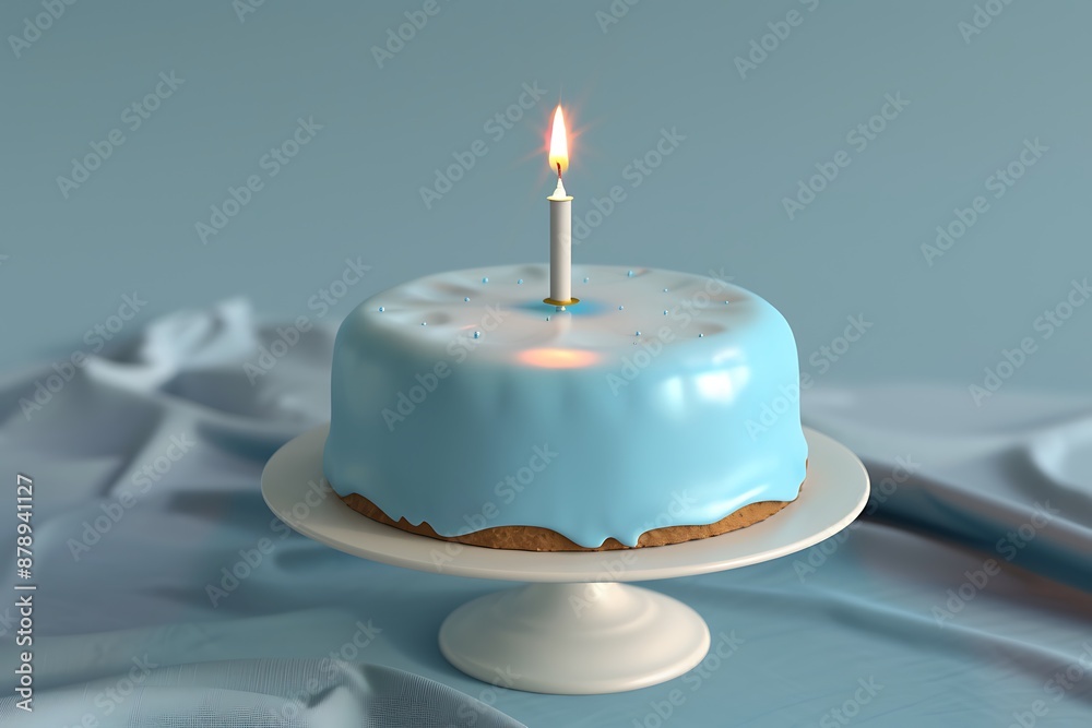 Minimalistic blue birthday cake with one candle, 3D render, light blue ...