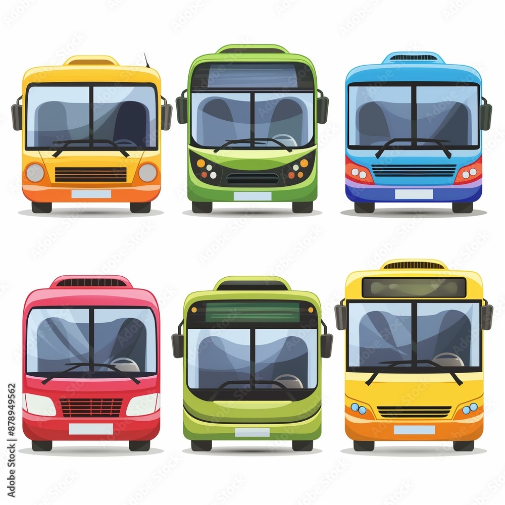 Colorful Cartoon Buses Illustration - Front Views of Diverse Public ...