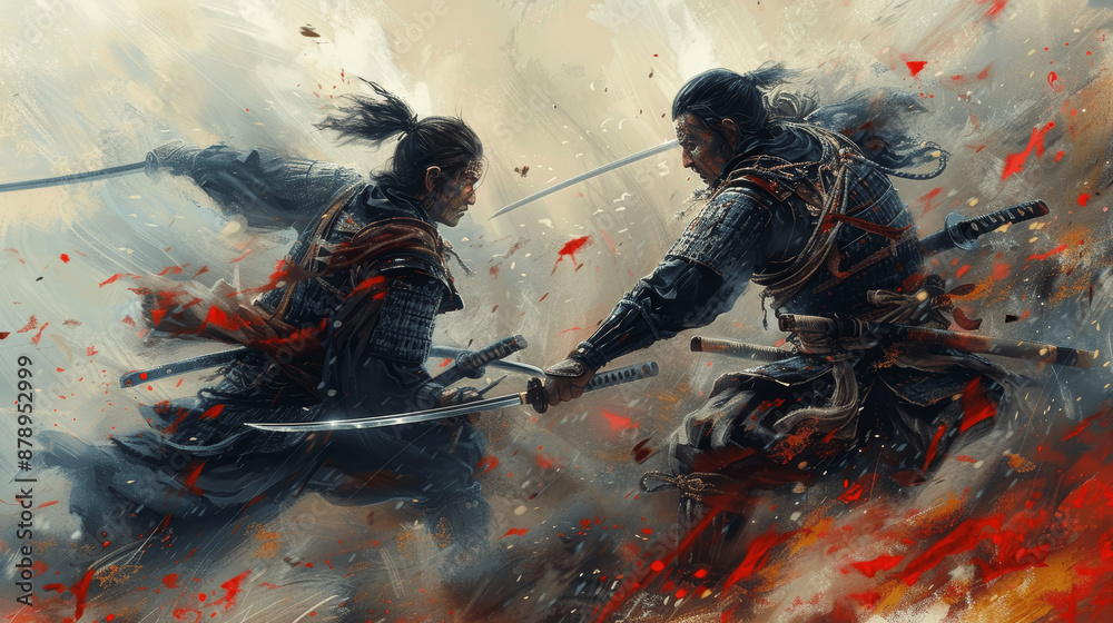 samurai duel battle with swords on rainy day in ancient japan with ...