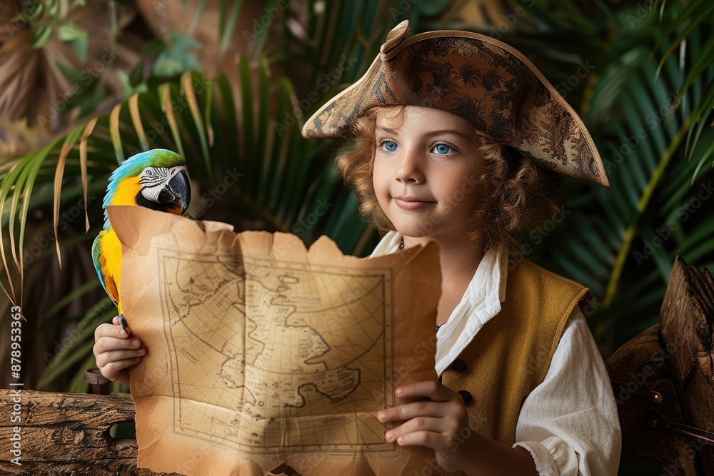 Smart child wearing pirate uniform while looking at treasure map at ...