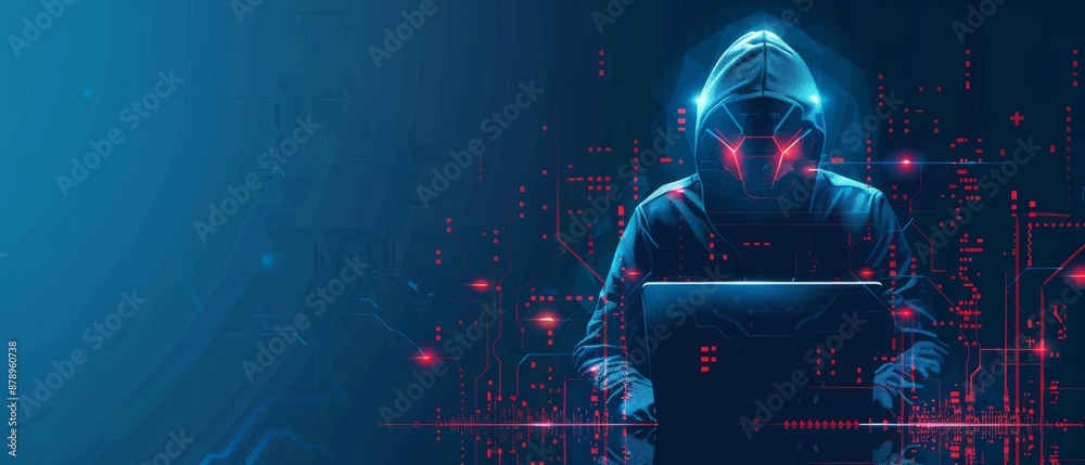 Abstract digital anonymous hacker with light blue laptop and AI chip ...