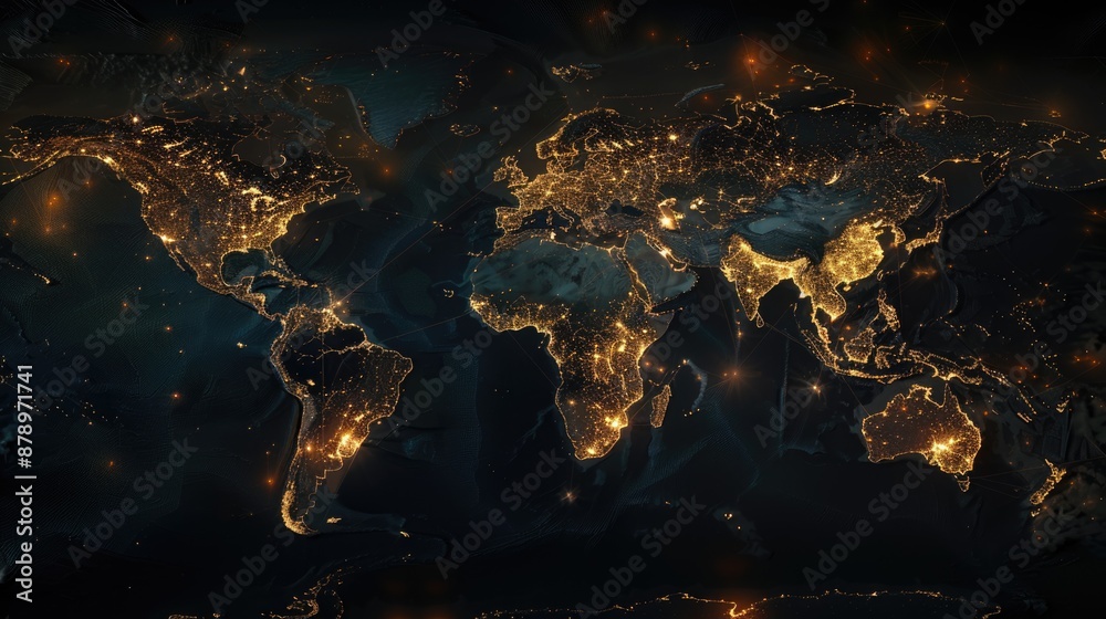 Illuminated world map in the night highlighting global connectivity ...