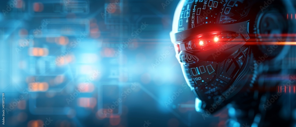 Futuristic AI robot with glowing red eyes and digital interface, representing advanced ...