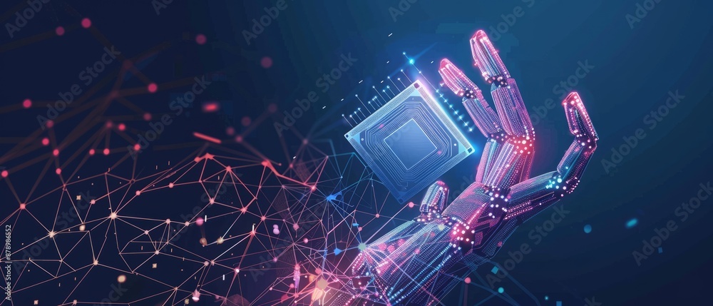 Abstract digital semiconductor hologram in technology hand. Humanoid ...