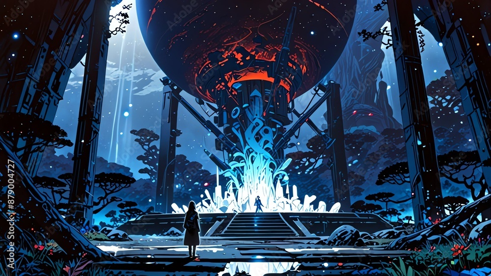 In a dimly lit enchanting space habitat, a towering crystal structure ...