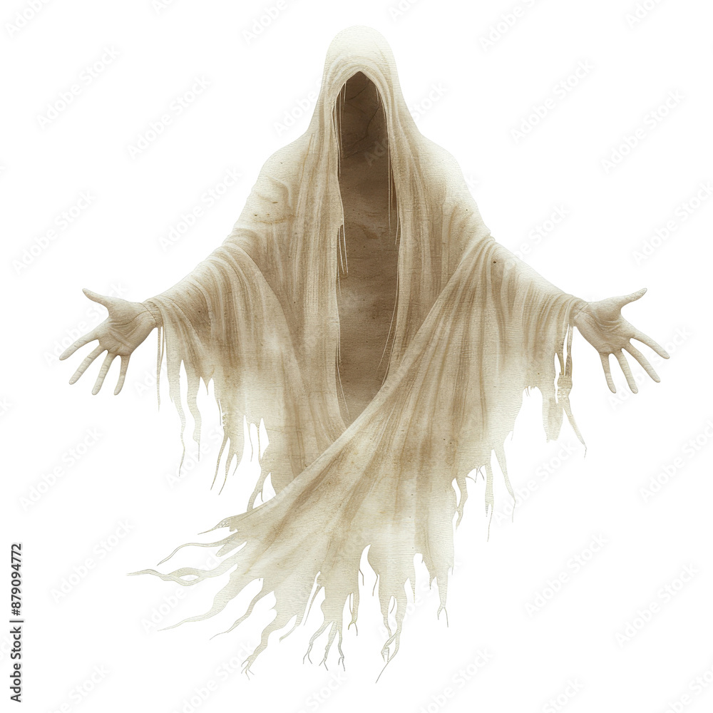 Spooky ghost with long flowing tattered sheet and outstretched arms in ...