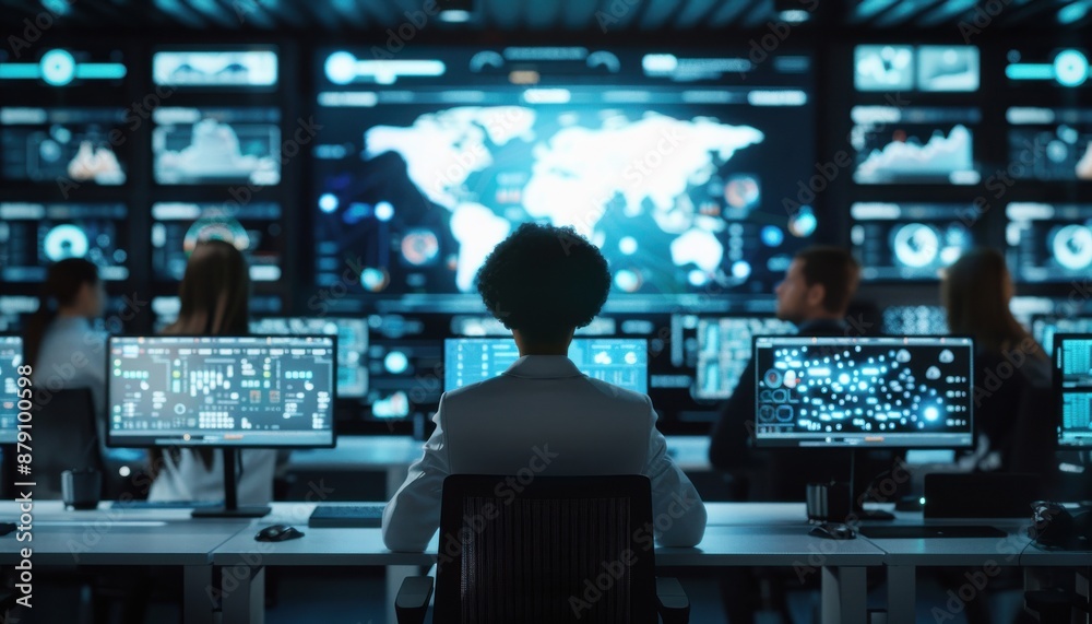 Team of analysts working in a control room with multiple screens displaying data and a world map ...