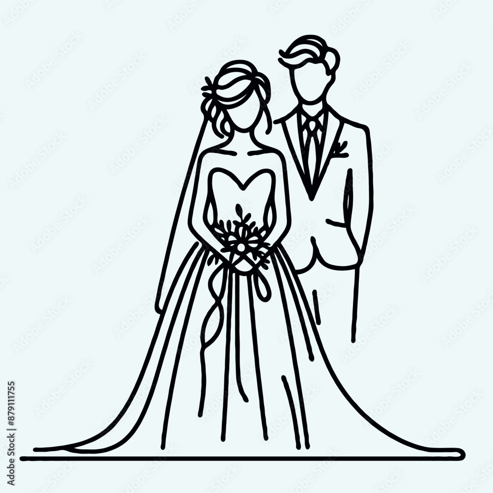 Vector line drawing of the bride and groom on white background Stock ...