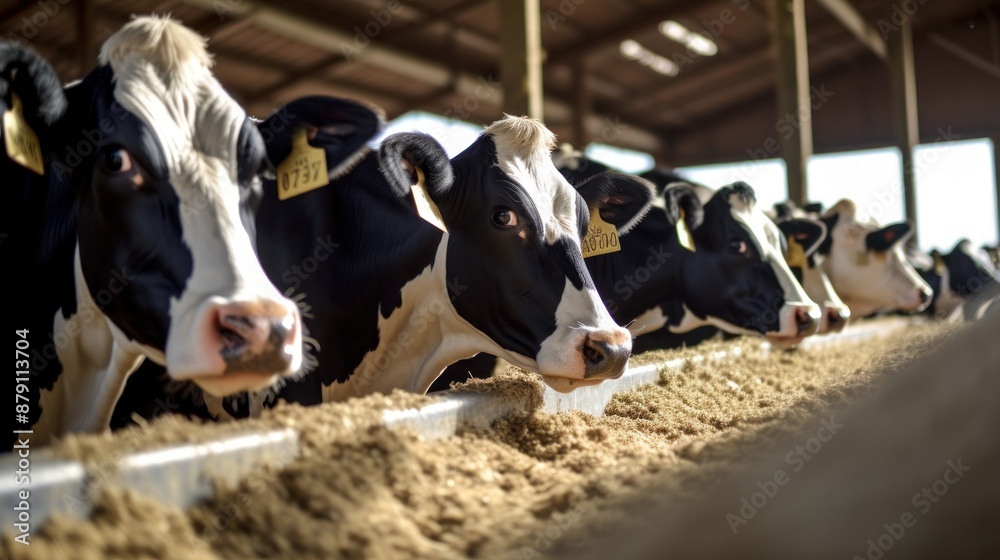 Dairy cows feeding on fodder standing in rows of stables in cattle farm ...
