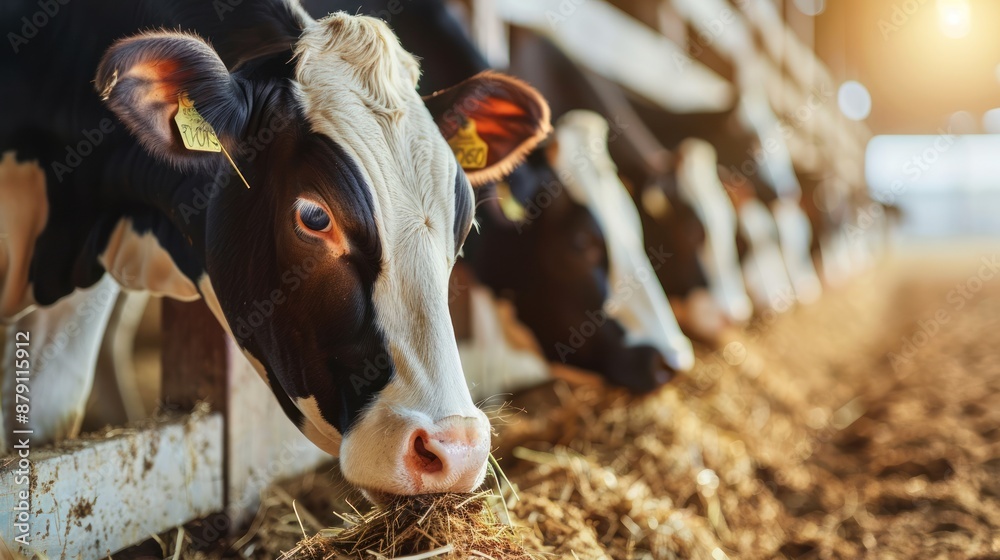 Dairy cows feeding on fodder standing in rows of stables in cattle farm ...