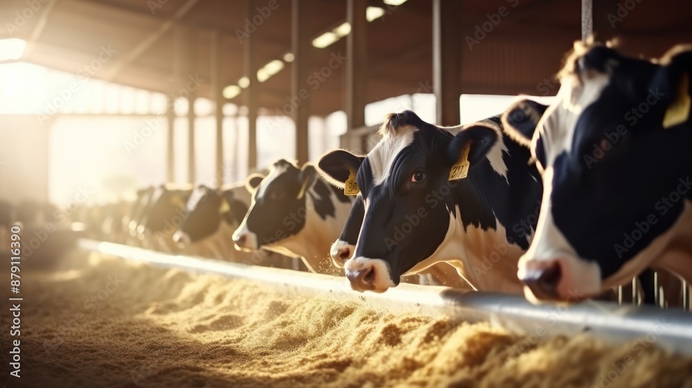 Dairy cows feeding on fodder standing in rows of stables in cattle farm ...