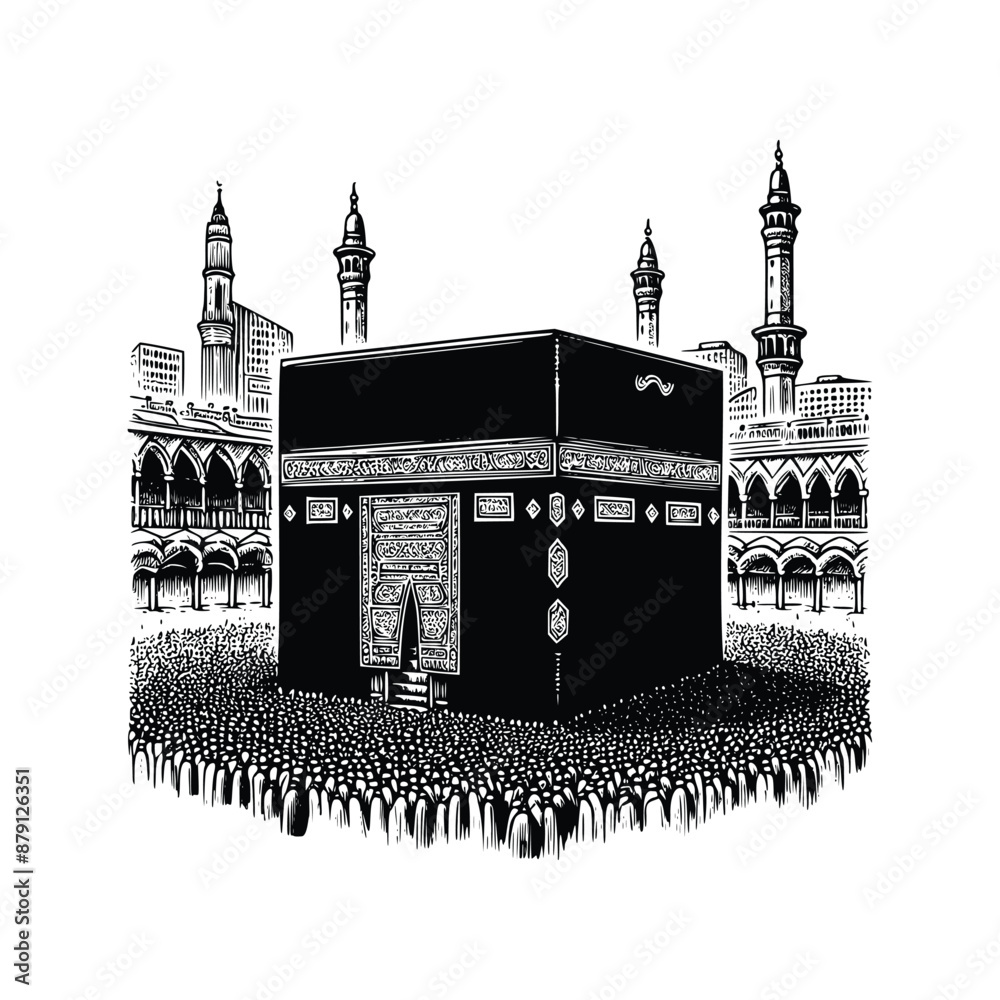 hand drawn Illustration of Kaaba. engraving black and white Kaaba ...