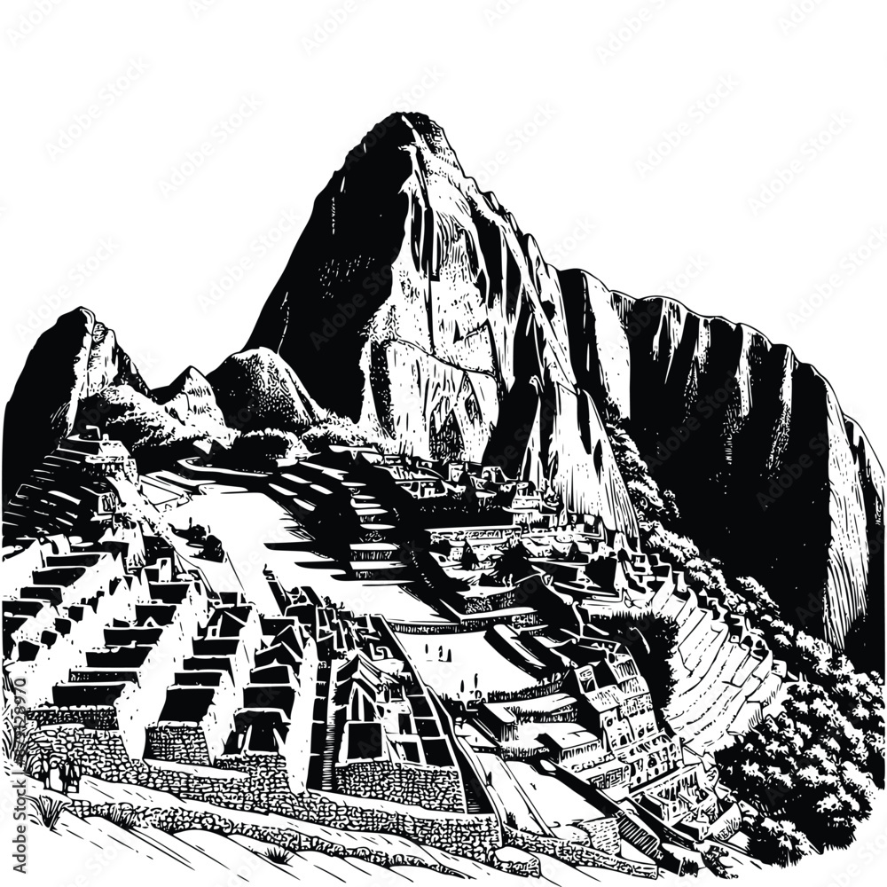 hand drawn Illustration of Machu Picchu. engraving black and white ...